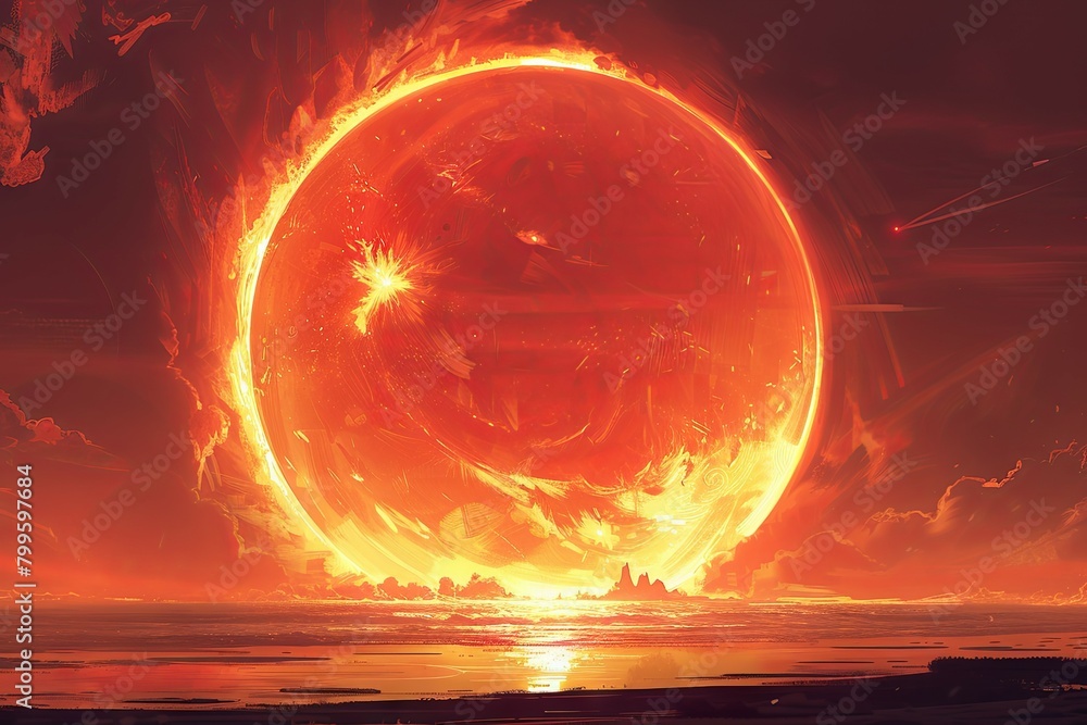 Gigantic red sun setting over a futuristic landscape - An awe-inspiring ...