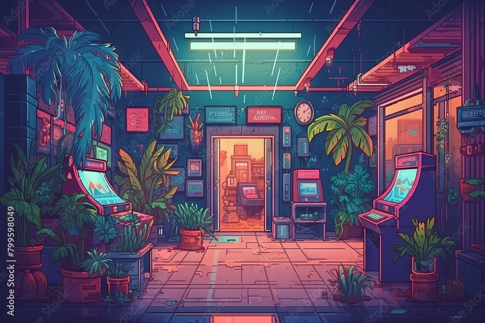 Artistic concept art of retro arcade in neon lights - Creative digital ...
