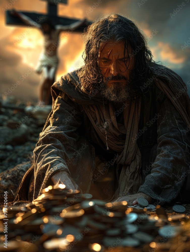 Betrayal scene of Judas thirty pieces of silver, shadow of betrayal and ...