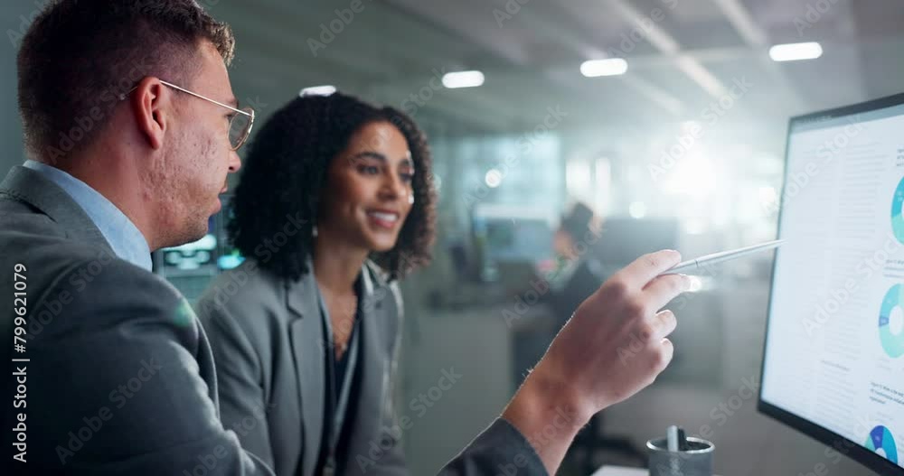 Computer screen, analytics and team discussion for analysis, info and ...