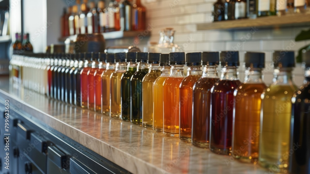 Bottles of various syrups and flad extracts line a countertop adding an ...