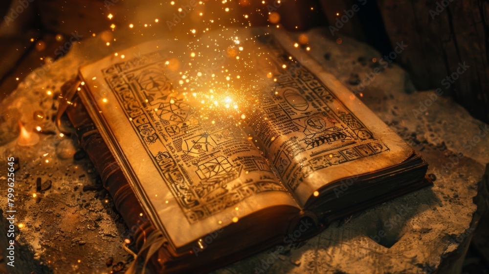 On a stone altar a book bound in leather and embossed with elaborate ...