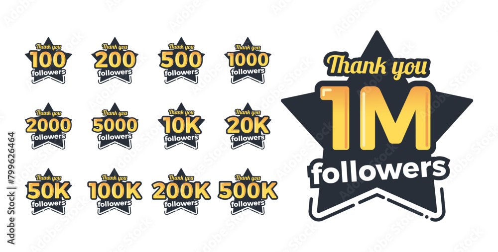 Collection of thank you followers star shapes with follower numbers ...