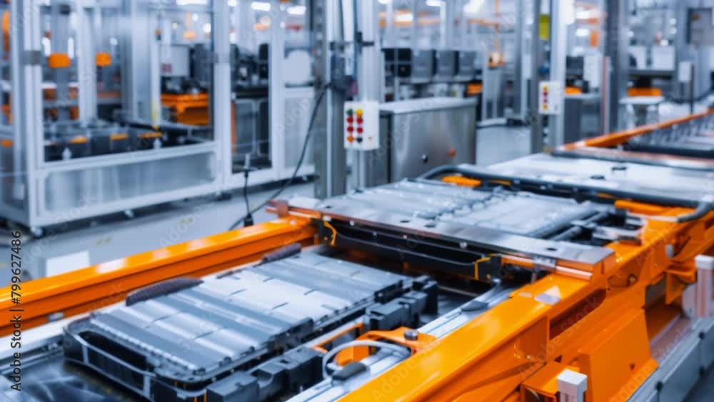 Rows of electric vehicle battery packs move along an automated conveyor ...