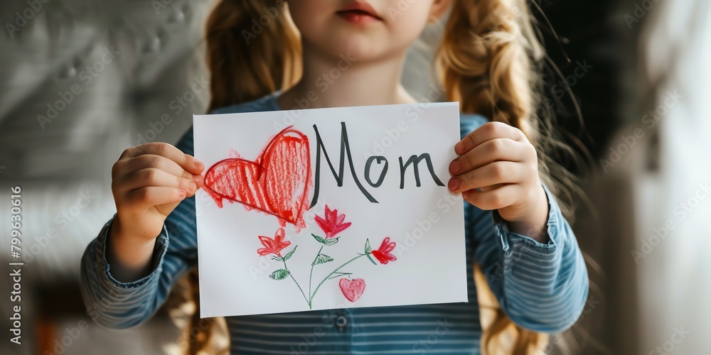 little girl giving a card with a drawn letters "Mom" and a heart, she ...