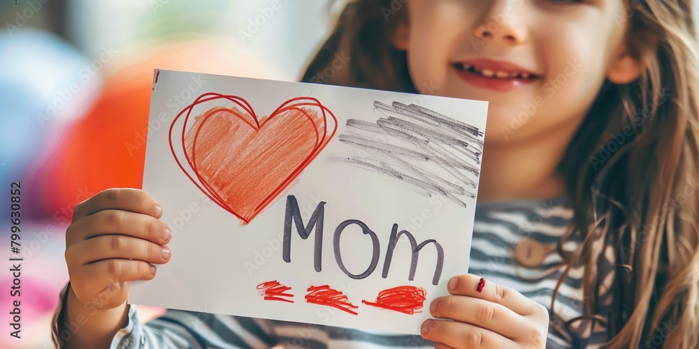 little girl giving a card with a drawn letters "Mom" and a heart, she ...