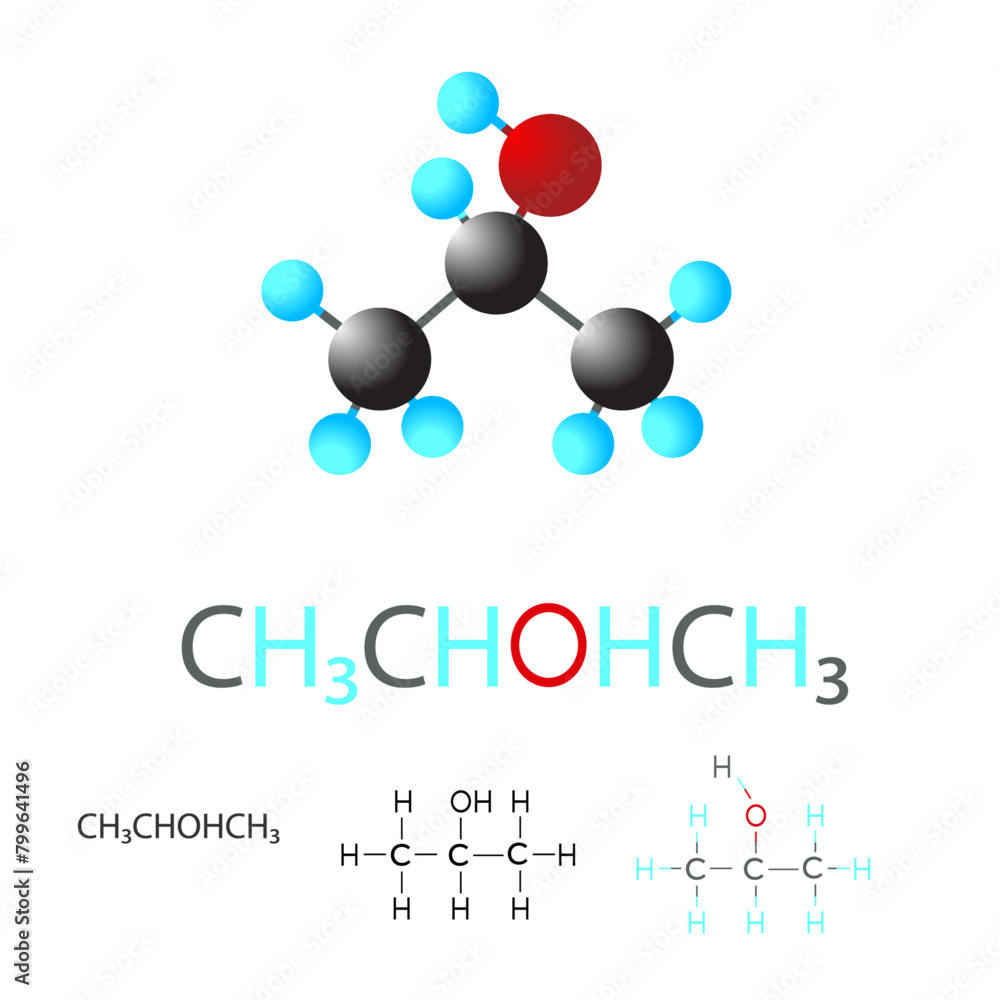Isopropyl alcohol, CH3CHOHCH3, isopropanol, molecule model and chemical ...