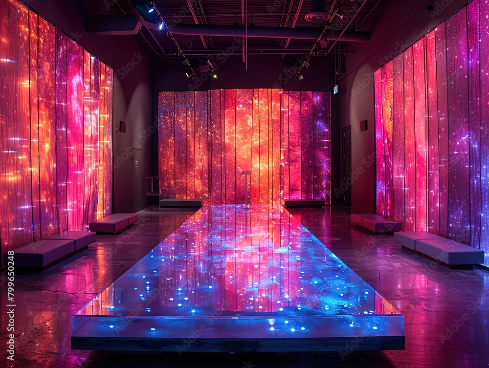 Futuristic visual stage art, a huge holographic screen displaying ...