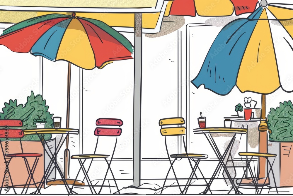 Cartoon cute doodles of a coffee shop's outdoor seating area, with colorful umbrellas shading ...