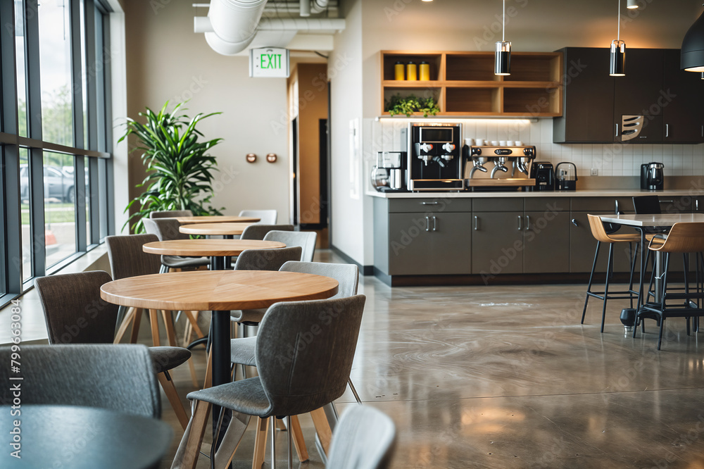 Empty office break room, modern cafe-style setup with an espresso ...