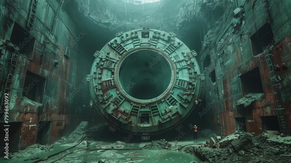 Subterranean Tunnel Boring Machine Front View. Worker in a high-vis ...