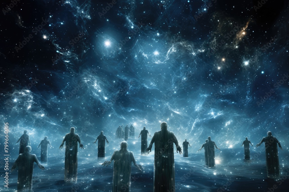 Haunted Star Cluster: Ghostly figures floating among stars in a cosmic ...