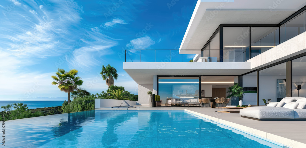 modern two story beach house with pool, 3d render, blue water, interior ...