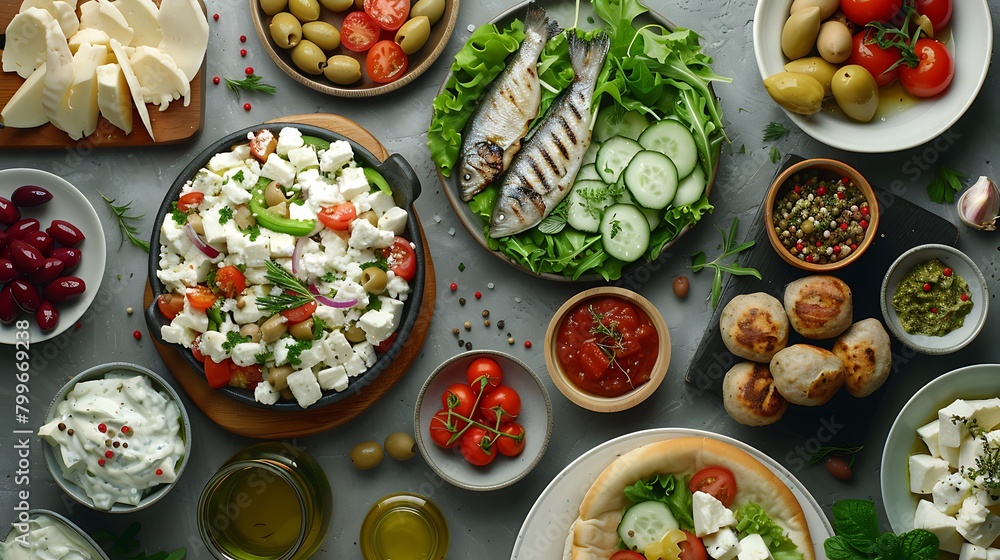 Greek food background, Meze, gyros, souvlaki, fish, pita, greek salad ...
