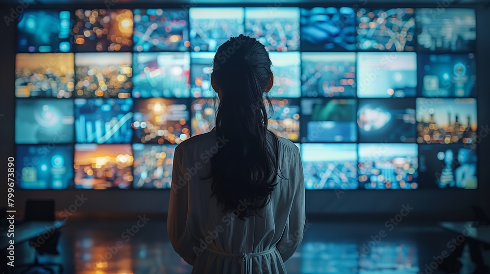 Woman Overseeing Operations in High-Tech Control Room. Woman stands ...