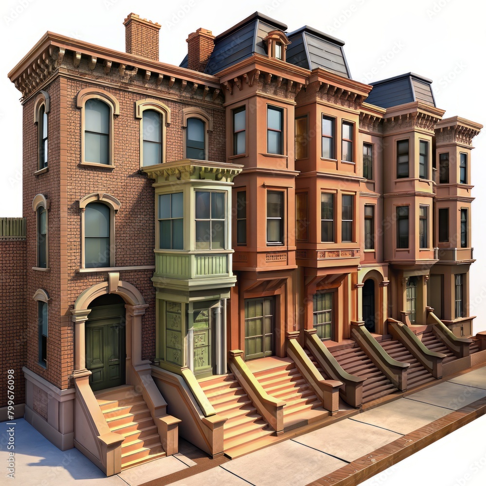 3D Render of a historic brownstone neighborhood with restored facades ...
