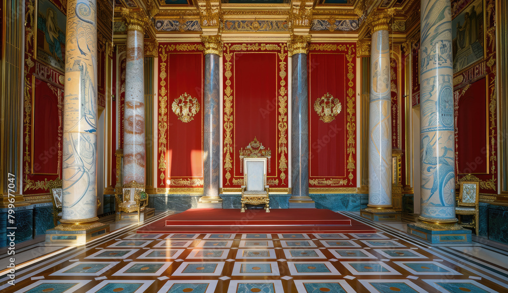 A royal throne room in the style of Russian red and blue colors, with ...