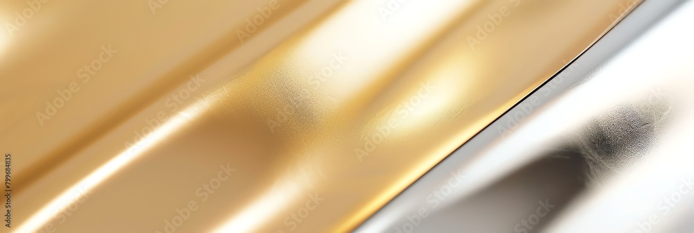 A closeup of the edge of two shiny, metallic sheets, one in light ...