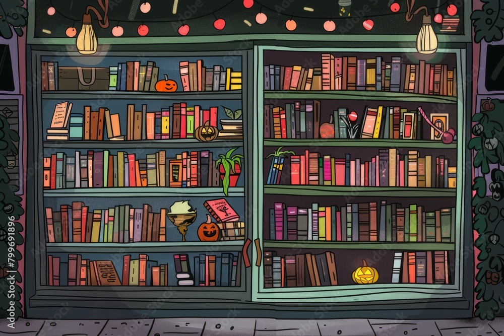 Cartoon cute doodles of a bookstore window display showcasing a themed ...