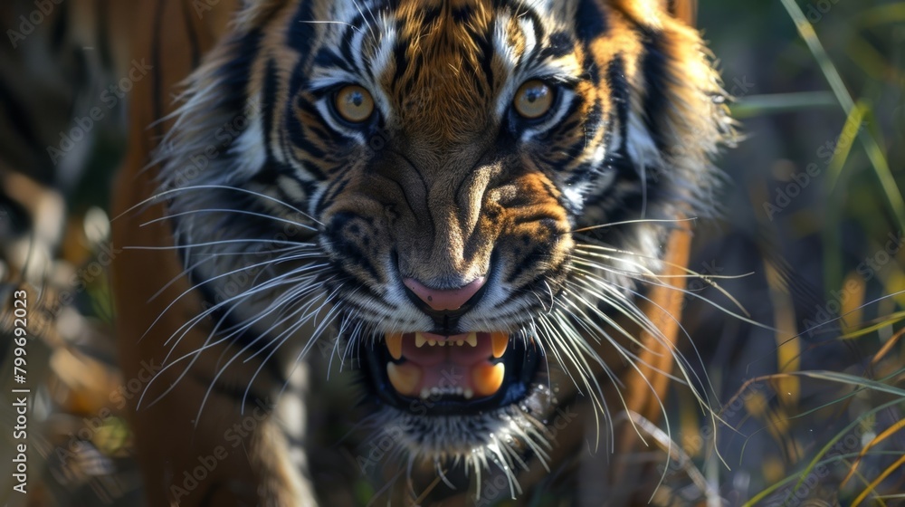 Foto de A close-up view of a roaring tiger, showing its sharp teeth and ...