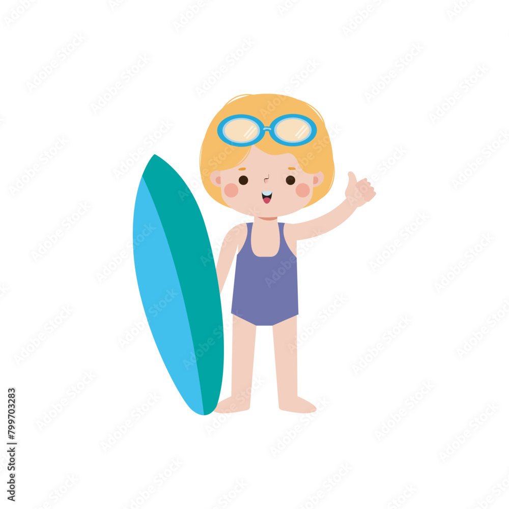 cute surfer kid character with surfboard on beach. Happy young surfer ...