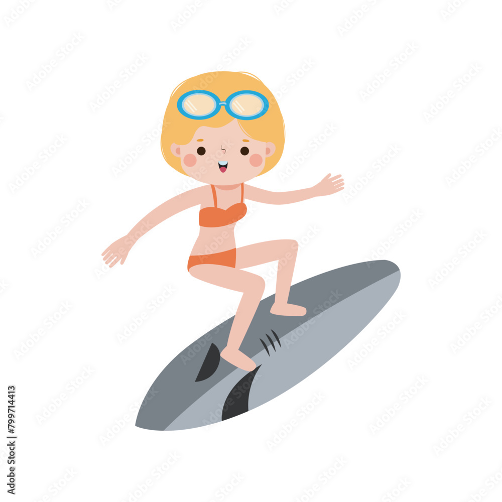 cute surfer kid character with surfboard on beach. Happy young surfer ...