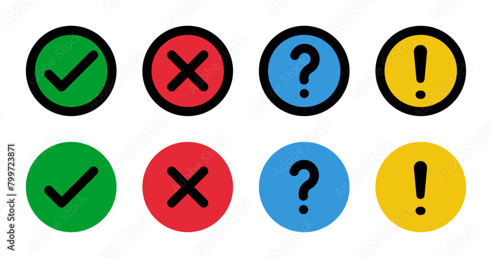 green check and red cross symbols, blue question mark and yellow ...