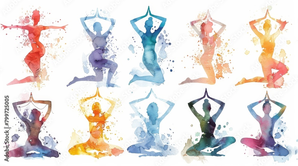 Craft watercolor clipart featuring various yoga poses ideal for a yoga ...