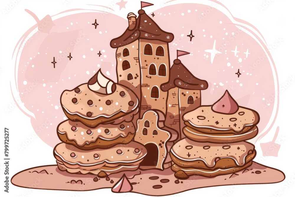 Cartoon cute doodles of a cookie castle made entirely of giant cookies ...