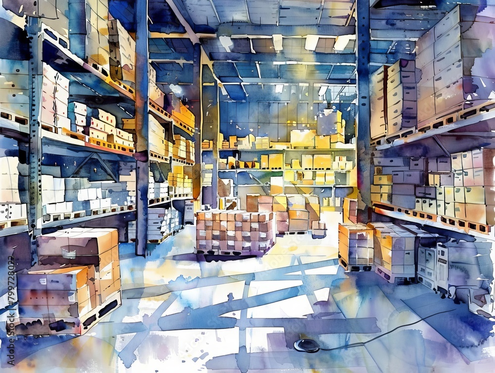 Watercolor depiction of effective inventory management, organized ...