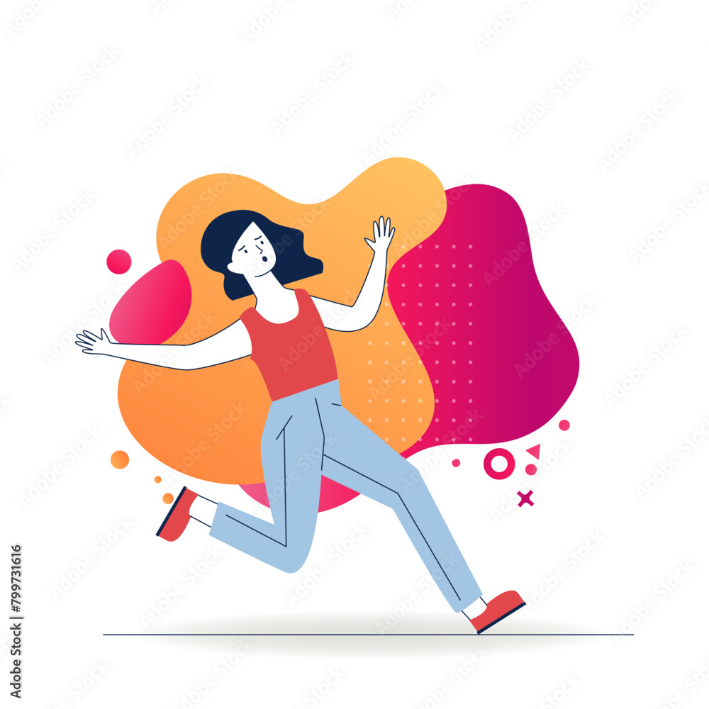 Clumsy woman running on wet floor. Cartoon female character slipping ...
