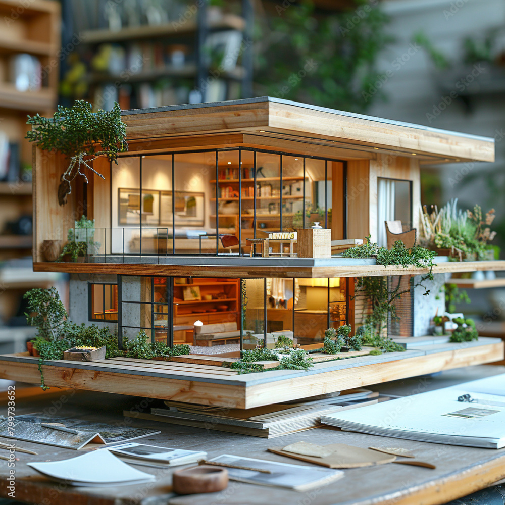 On the architect's table sits a meticulously crafted, realistic model ...