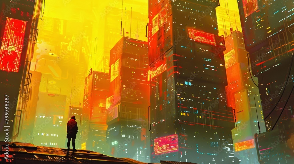 A concept art depicting a futuristic city where buildings are made up ...