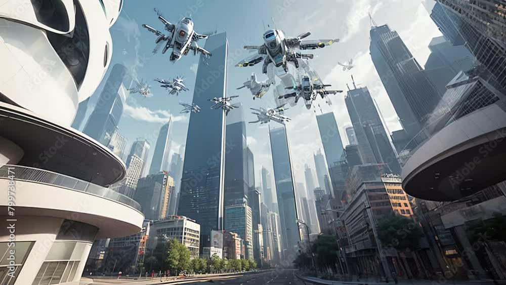 Futuristic urban animation in white colors of city street with high ...