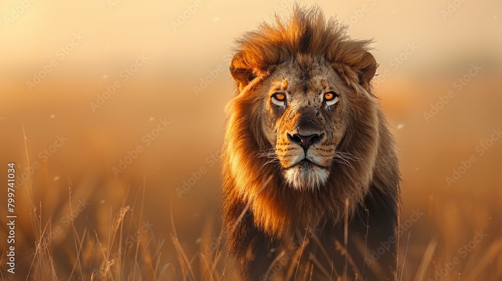 Intense portrait of a lion, eyes piercing through the savannah's haze ...
