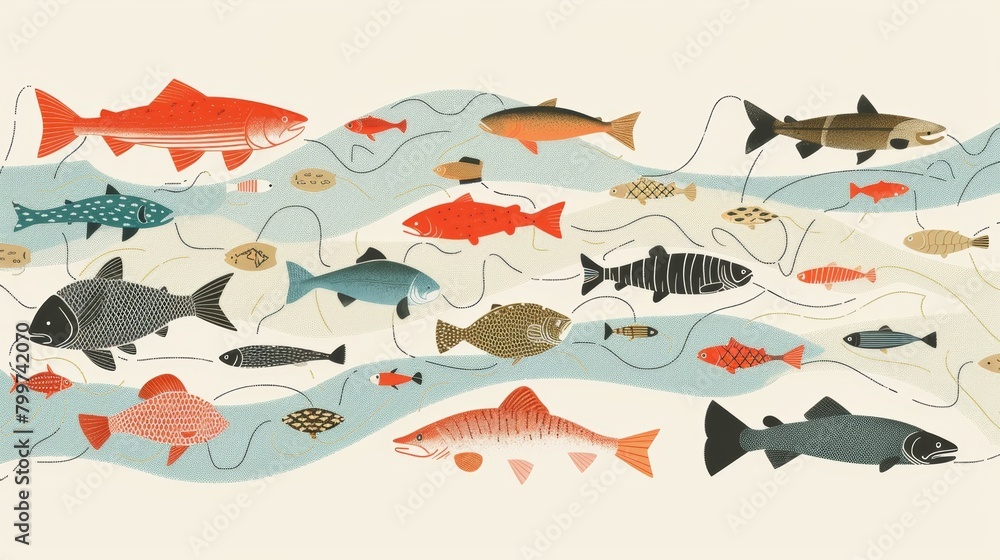 A detailed diagram of a river dotted with iconic symbols representing ...