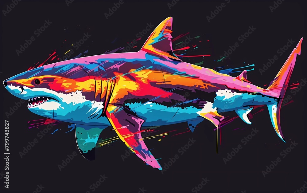 shark drawn using WPAP art style, isolated black background, pop art ...