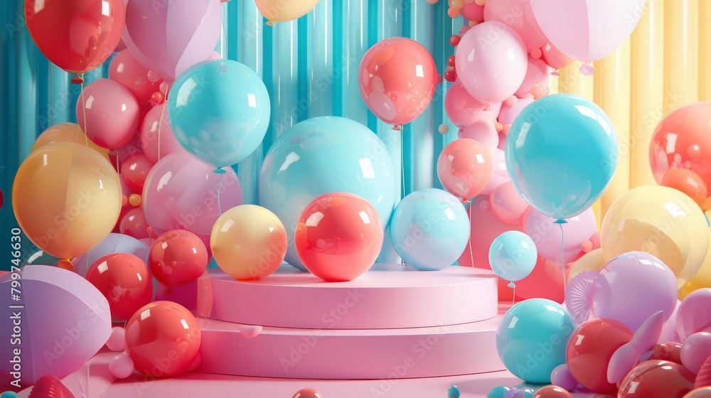 Balloons in vibrant hues float above the stage podium, setting a ...