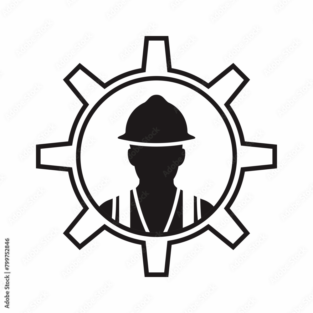 Worker wearing safety helmet and vest in the circle of gear icon and ...