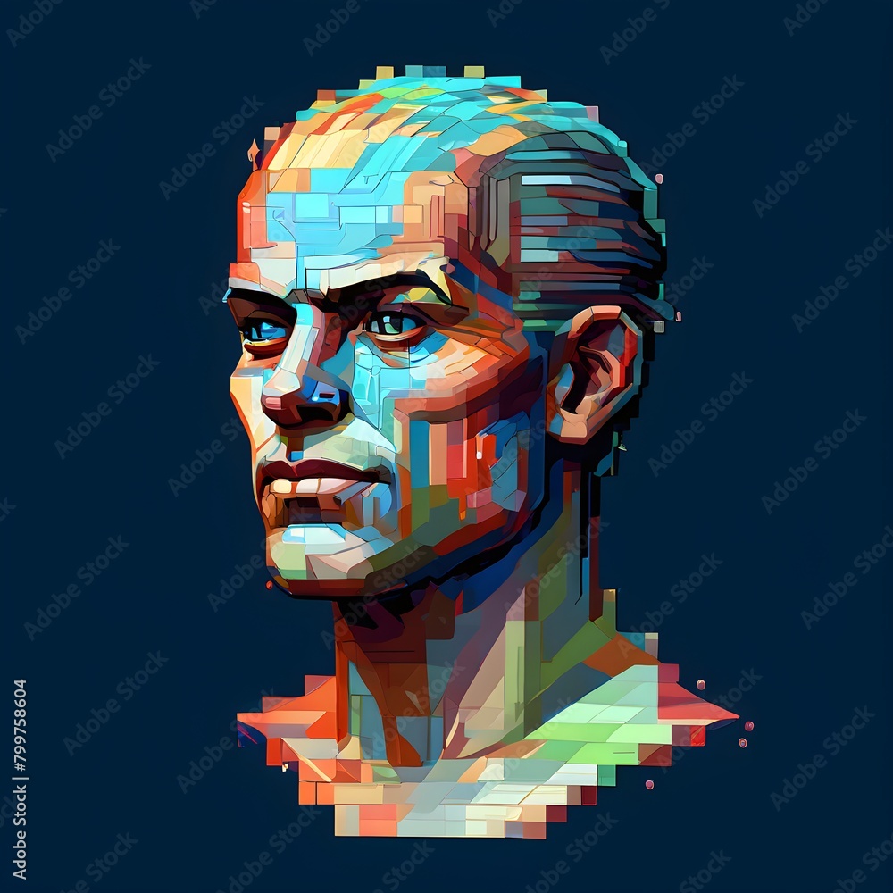human head digitalised in pixel art style presenting a mosaic of ...