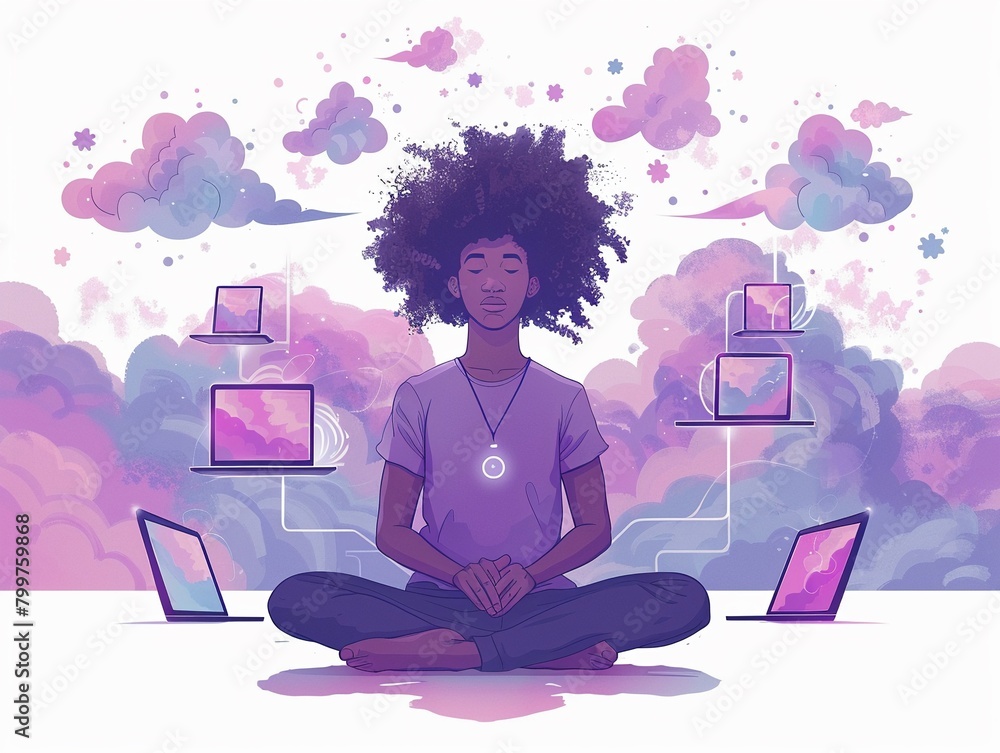 Design an image showcasing a person surrounded by digital devices ...