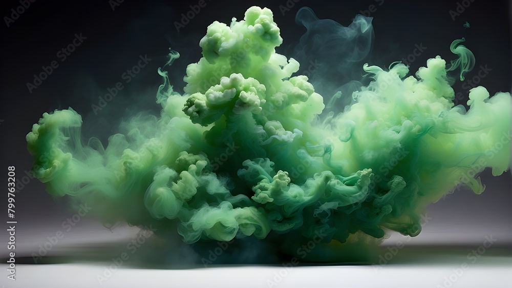 An explosion of green smoke, thick and billowing, rising upward against ...
