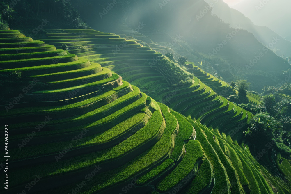 Minimalist aerial view capturing the terraced patterns of rice paddies ...