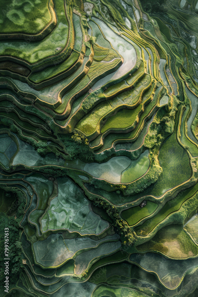Minimalist aerial view capturing the terraced patterns of rice paddies ...
