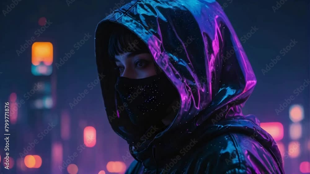 Mysterious cyber girl wearing a mask and dark hood with the neon city ...