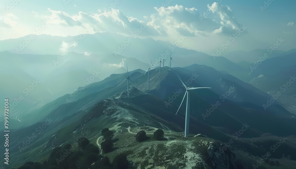 Wind turbines stand tall on a mountain ridge, their blades turning ...