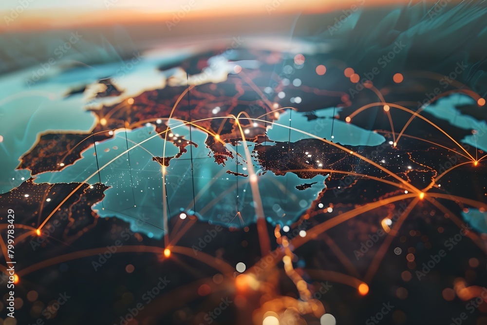 World map connecting flight paths in global business network. Concept ...