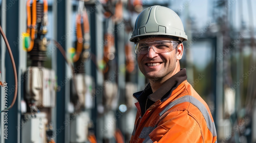 Expert maintenance: Male electrician smiles while performing checks and ...