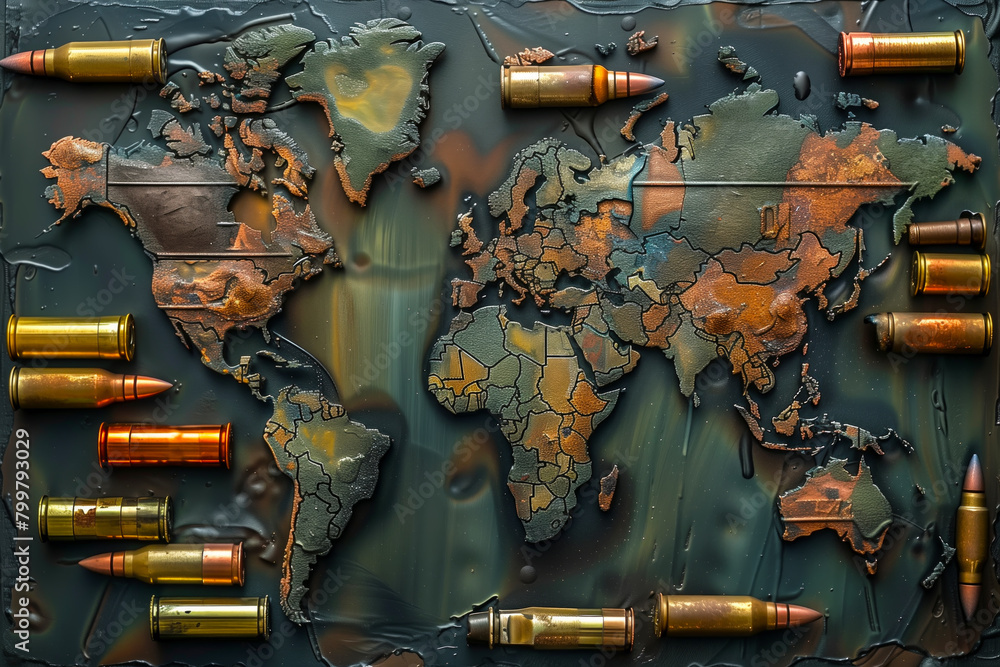 Weapons cartridges world map war concept of militarization of the ...
