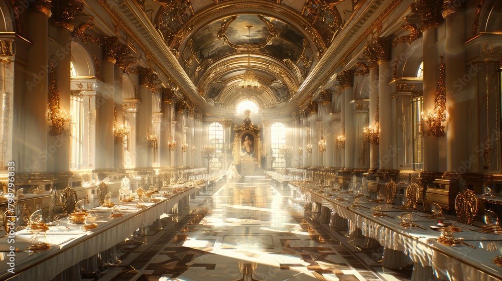 Landscape of an monumental high fantasy ballroom set up for a feast ...